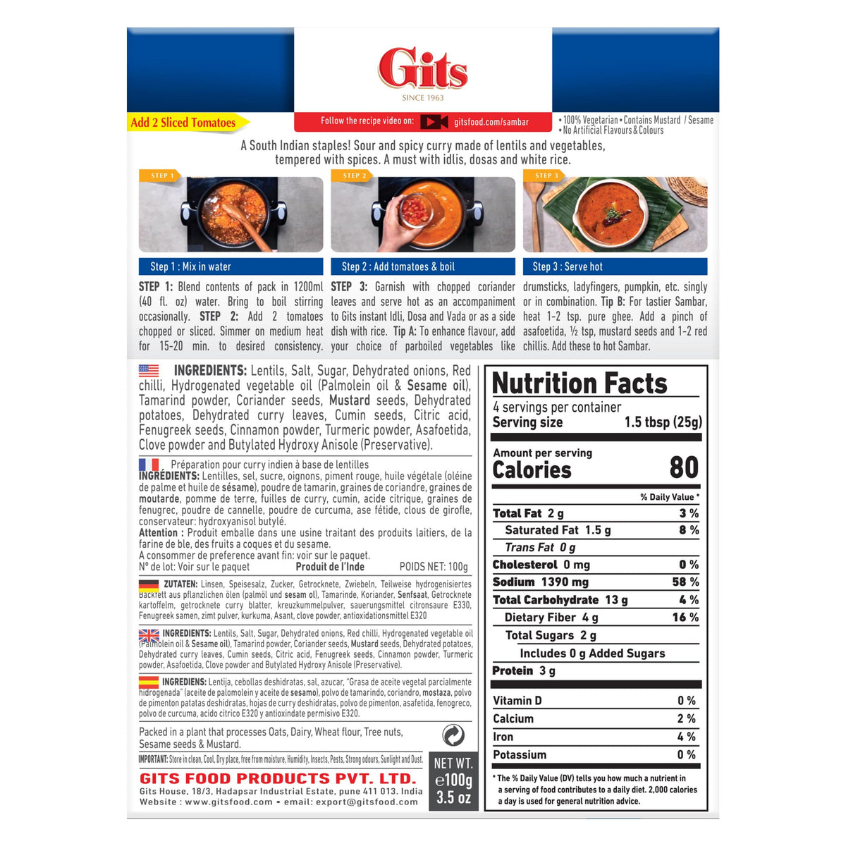 Gits Sambar (Breakfast Mix) - 3.5 Oz (100 Gm) – buniyaa.com
